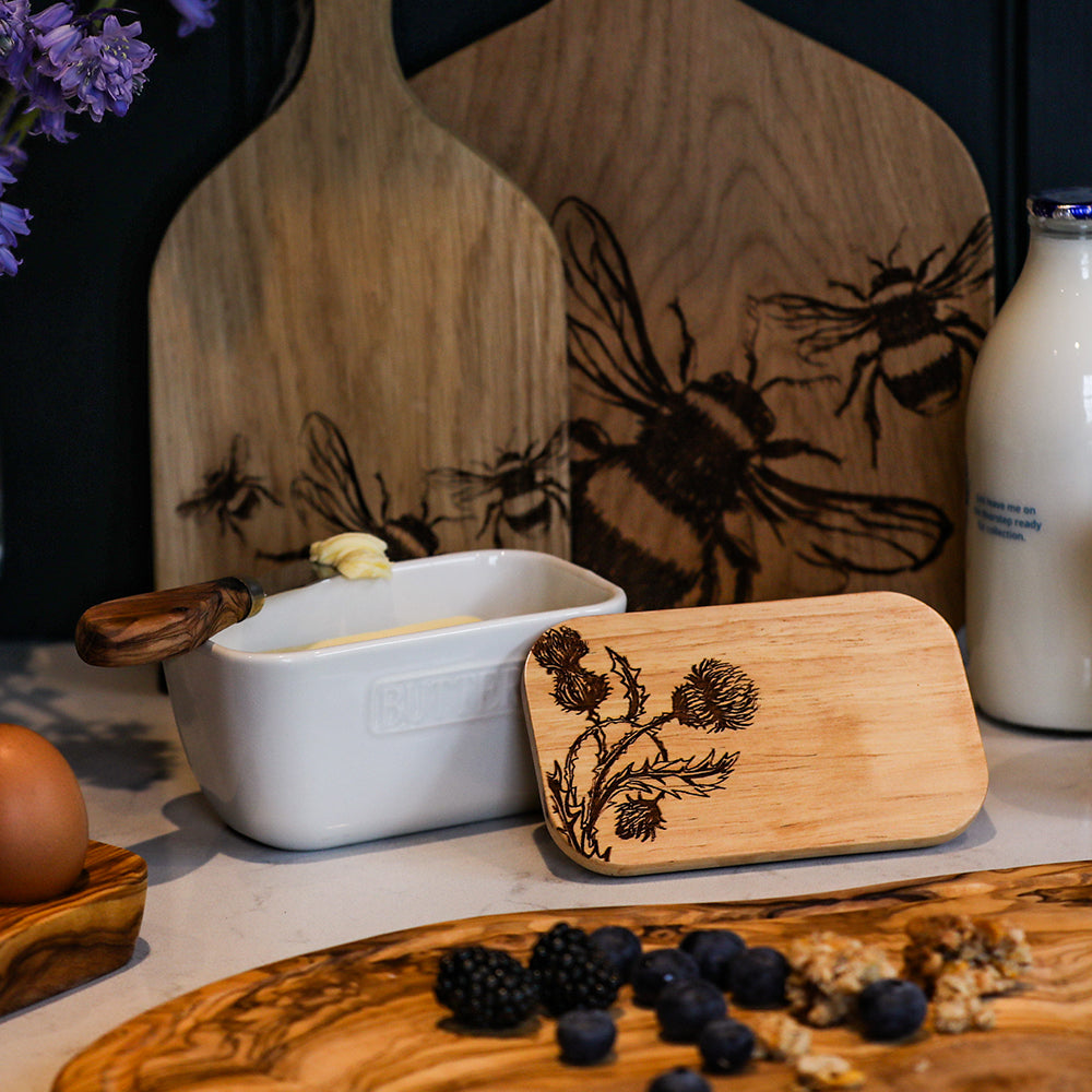 Thistle Trio White Ceramic Butter Dish | Selbrae House